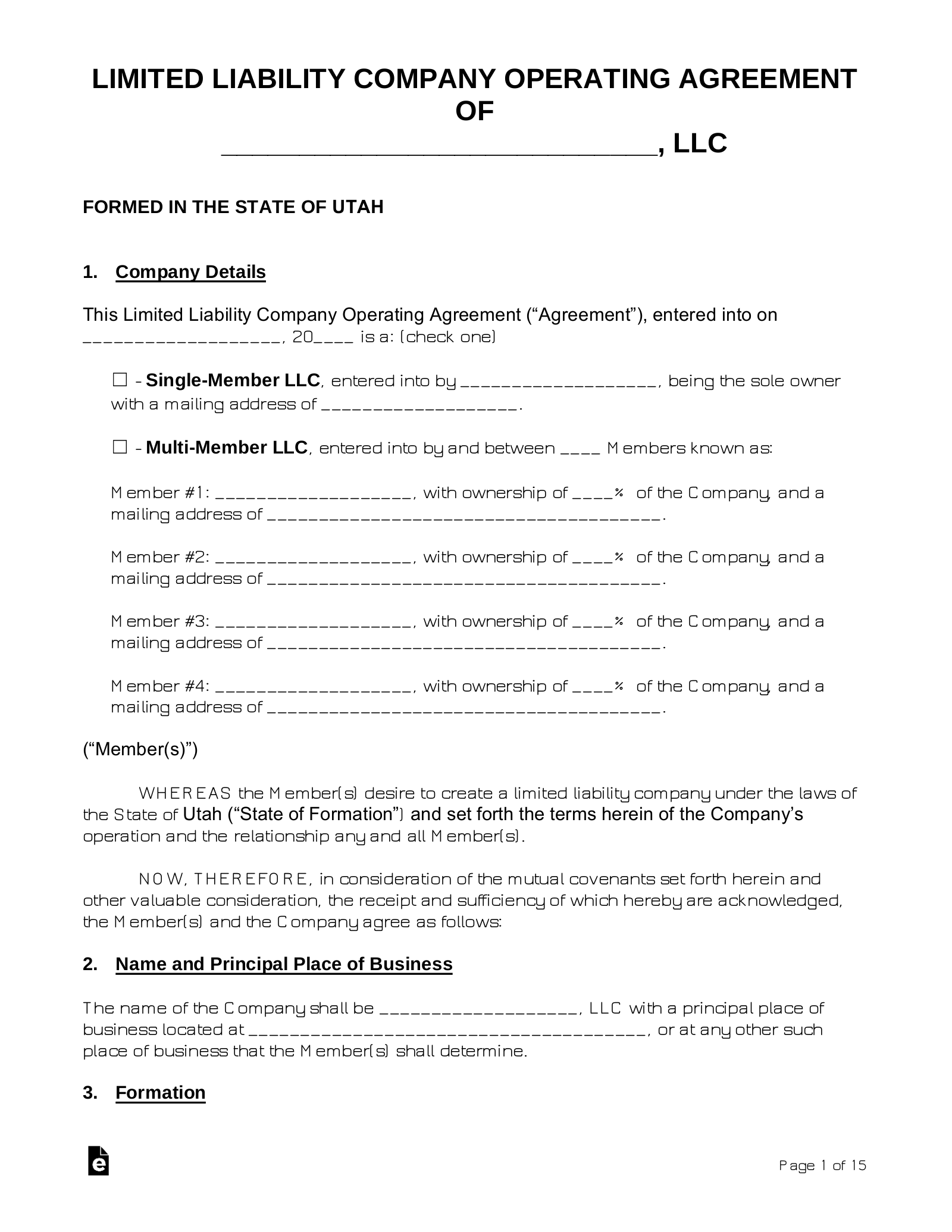Utah LLC Operating Agreement Template Service Alliance INC